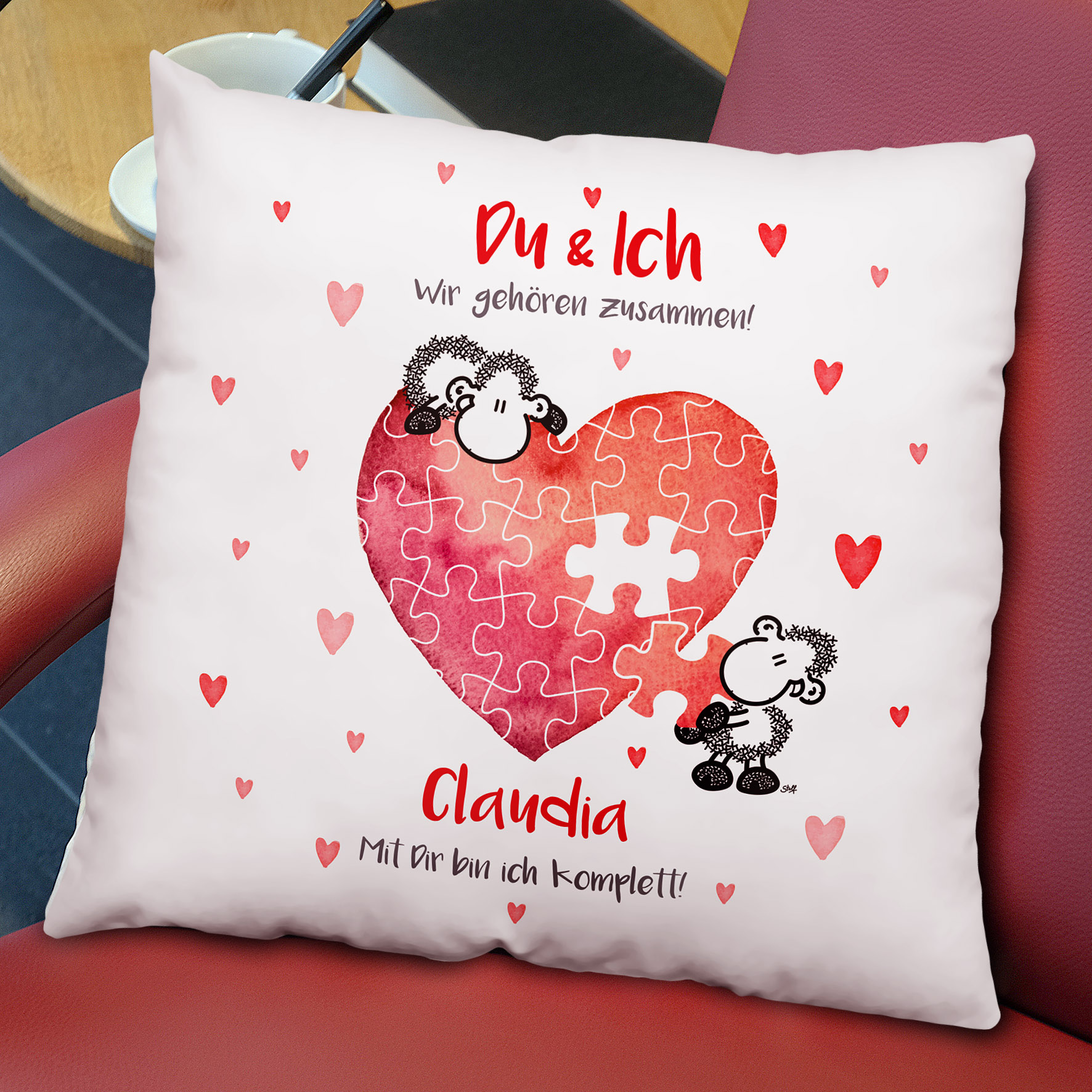 Kissen für Verliebte »Mit Dir bin ich komplett!« mit Wunschnamen, weiß ...