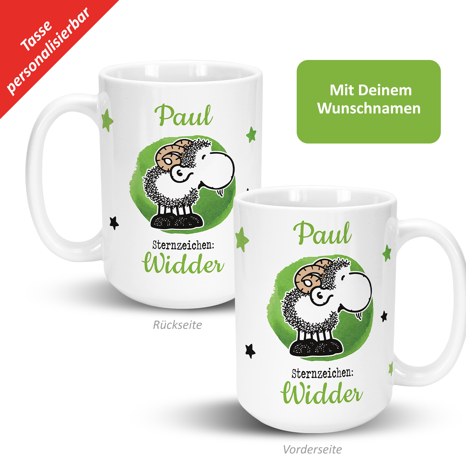 XL-Tasse mit Sternzeichen »Widder«, mit Namen, weiß, personalisiert ...